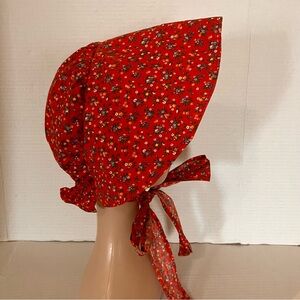 Handmade | Accessories | Primitive Vintage Red Floral Homespun Bonnet ...